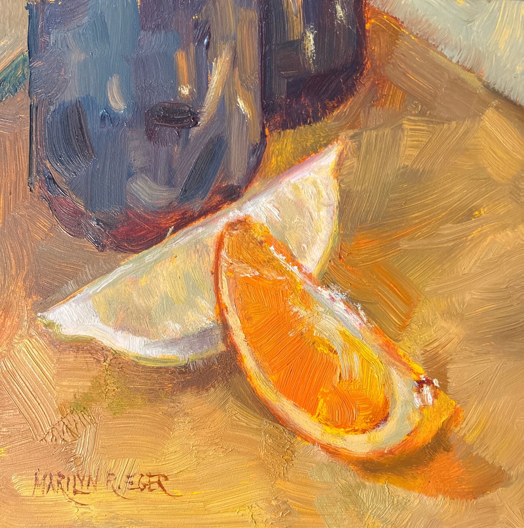 Impressionistic Oil Painting: Orange & Lemon Still Life, Blue Bottles ...