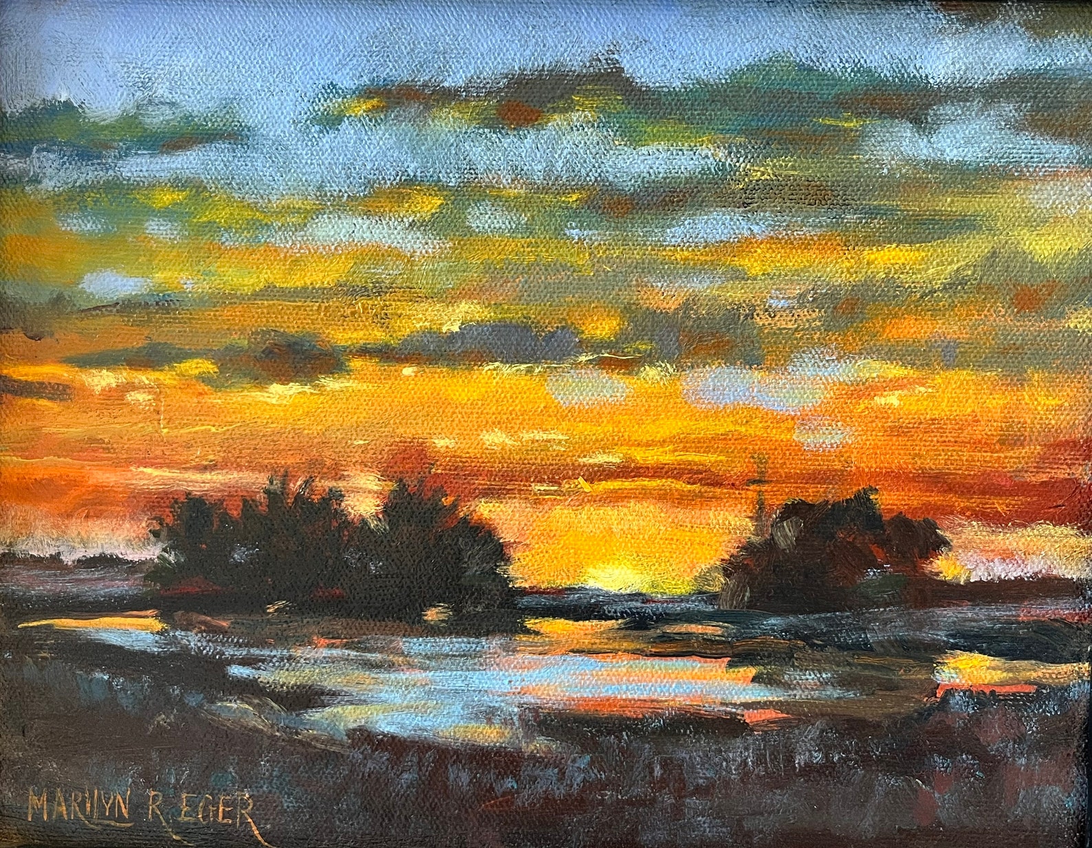 Sunset Oil Painting, All Original Sunset Painting, Pond Sunset Painting ...