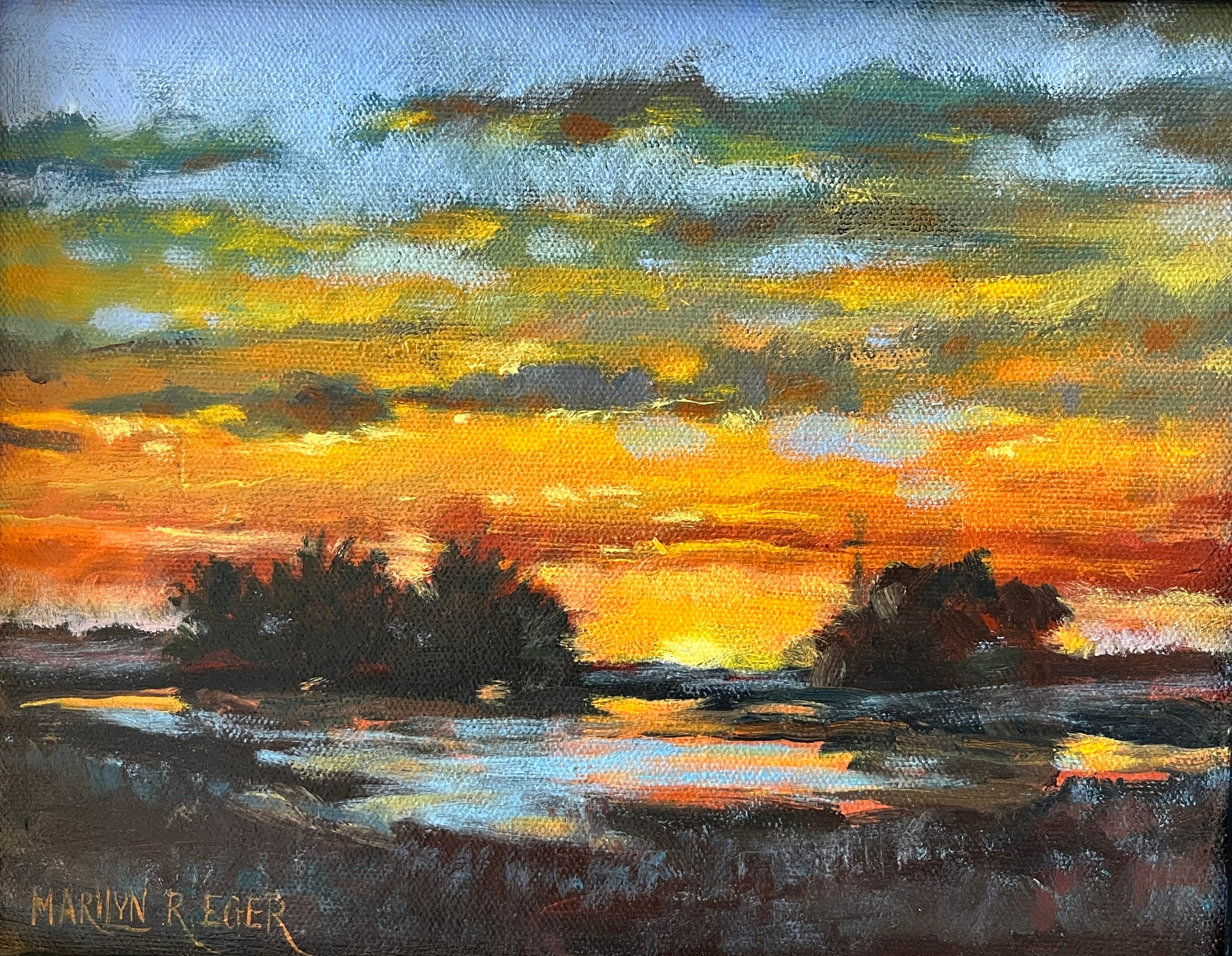 Sunset Oil Painting, All Original Sunset Painting, Pond Sunset Painting ...