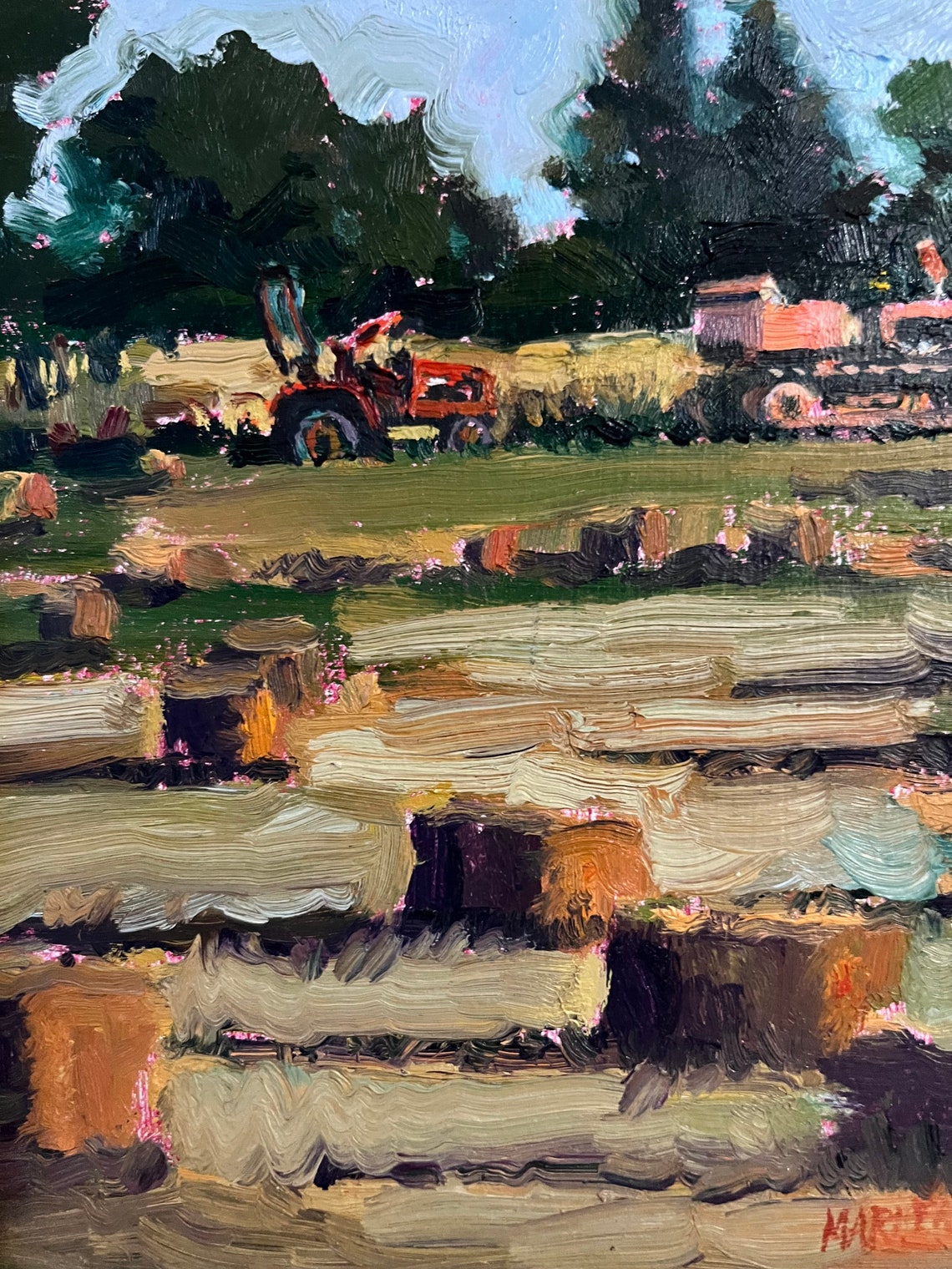 Original Oil Painting: Tractors in Hay Field, Framed Rural Landscape ...