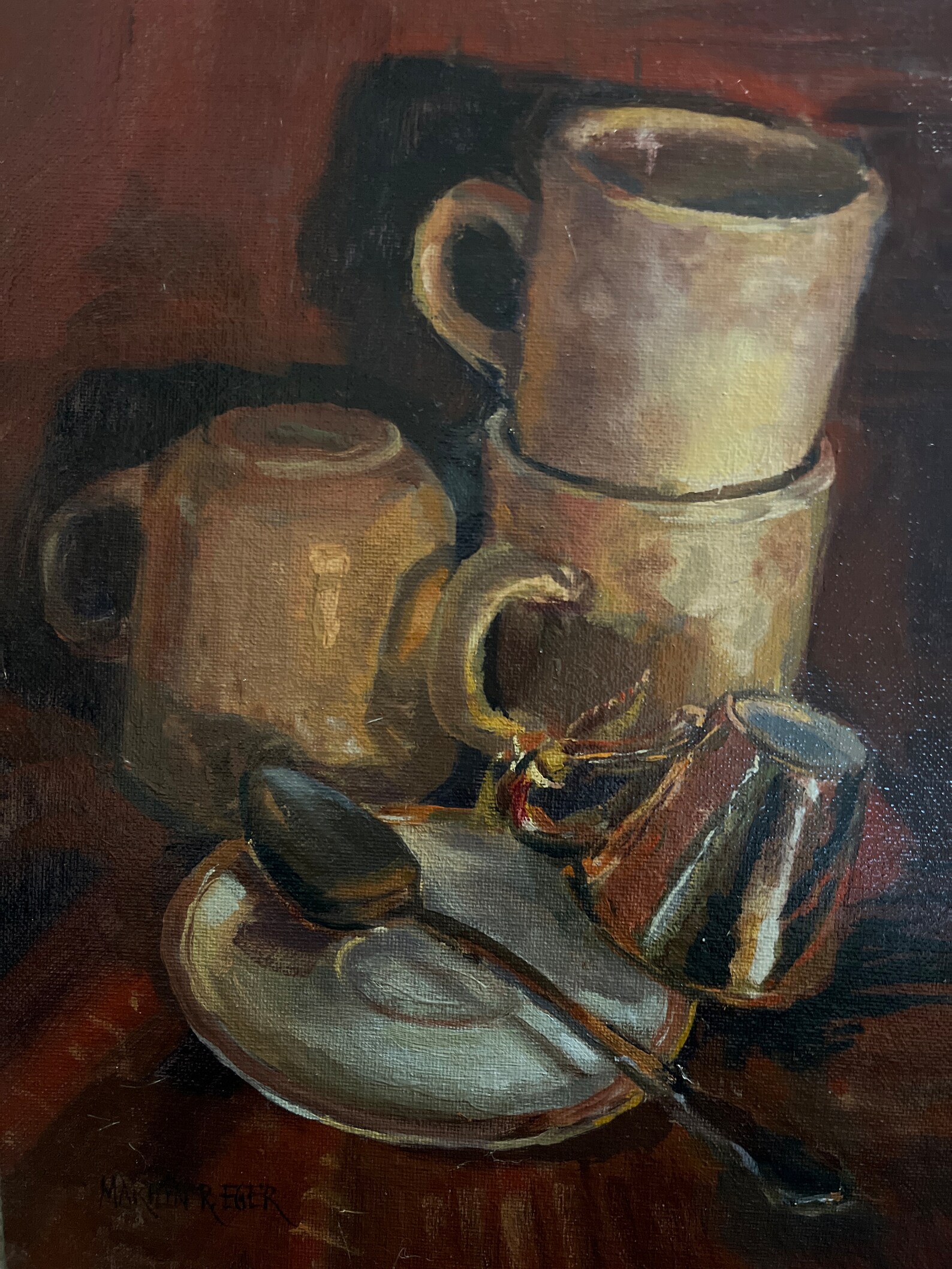 Original Oil Painting Cups Stacked With Spoon Still Life, Neutral ...
