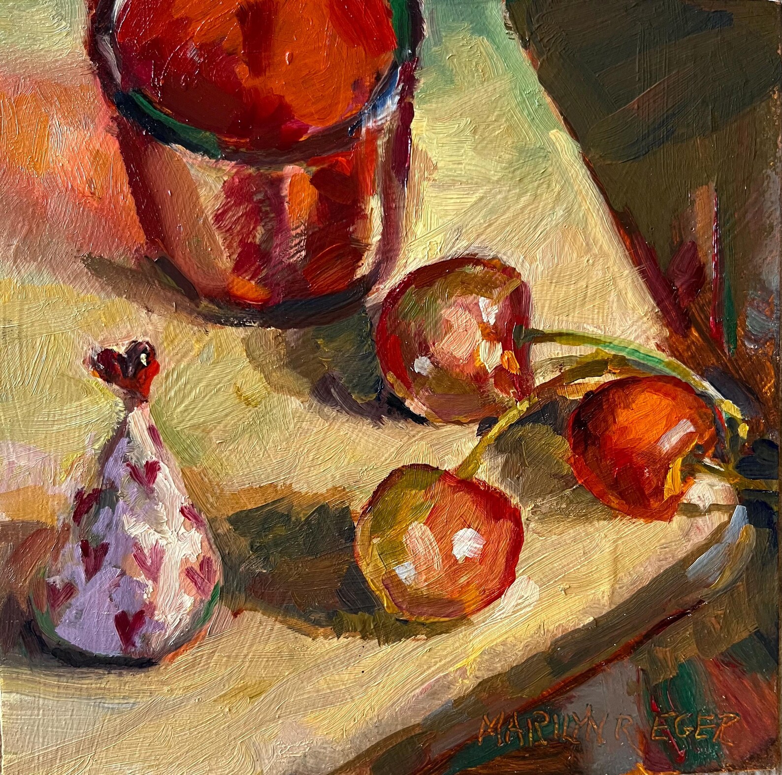 Cherry Still Life Oil Painting: Impressionistic Small Art (6" X 6") - Etsy