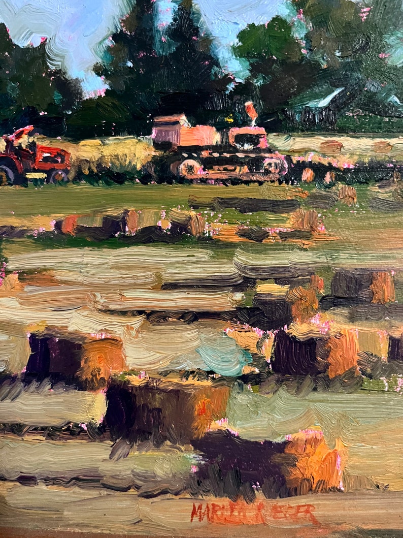 Original Oil Painting: Tractors in Hay Field, Framed Rural Landscape ...