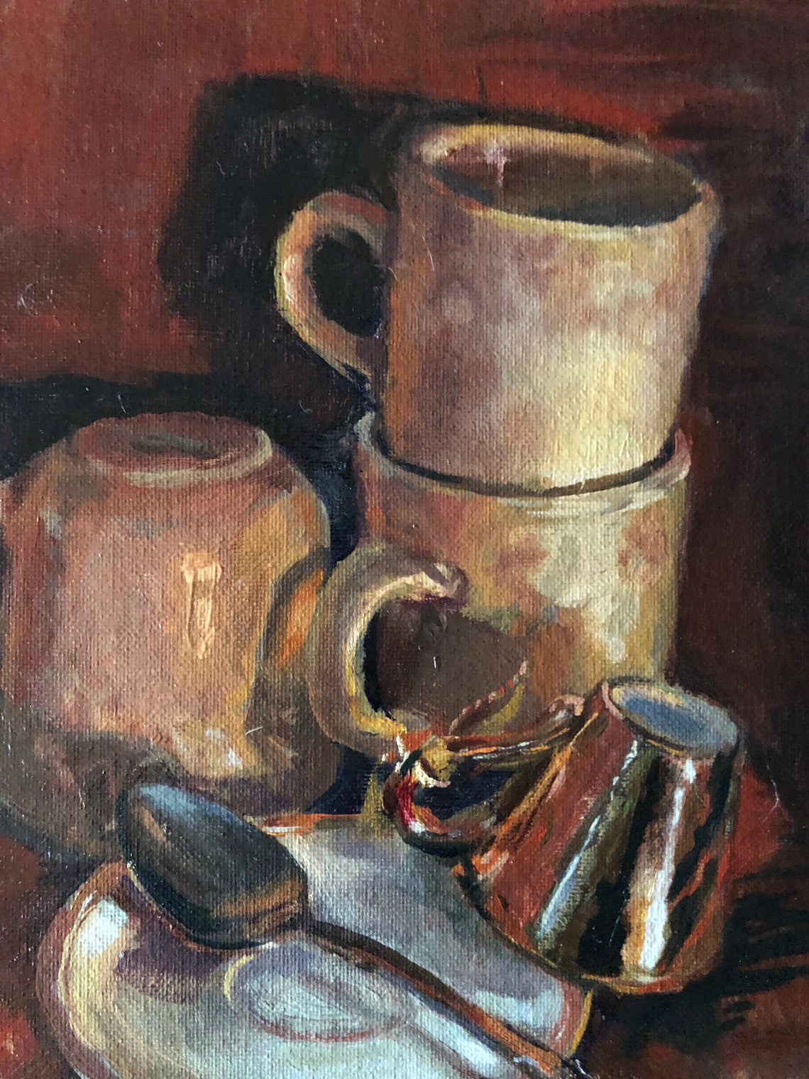 Original Oil Painting Cups Stacked With Spoon Still Life, Neutral ...