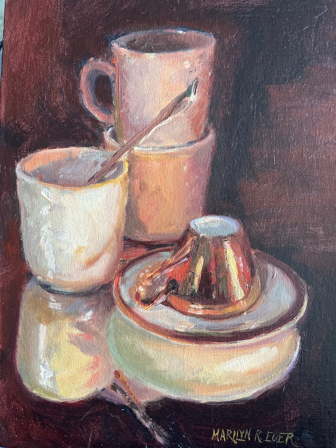 Original Oil Painting Still Life, Cups Stacked With Demitasse Cup ...