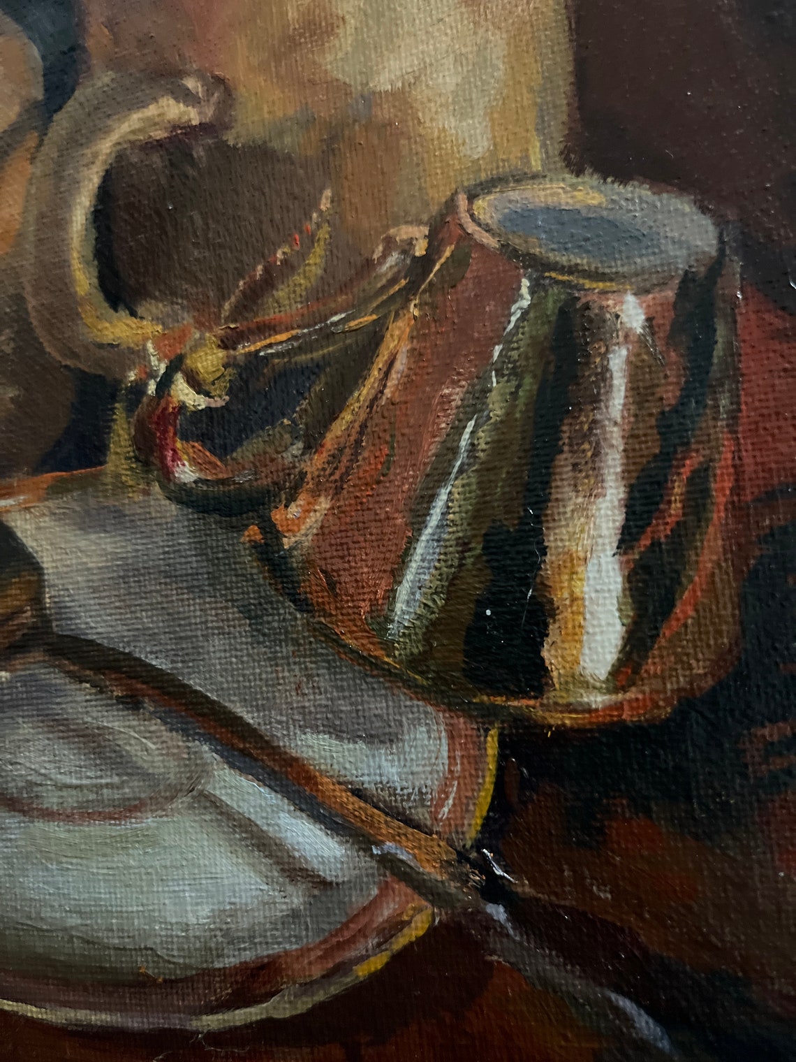 Original Oil Painting Cups Stacked With Spoon Still Life, Neutral ...