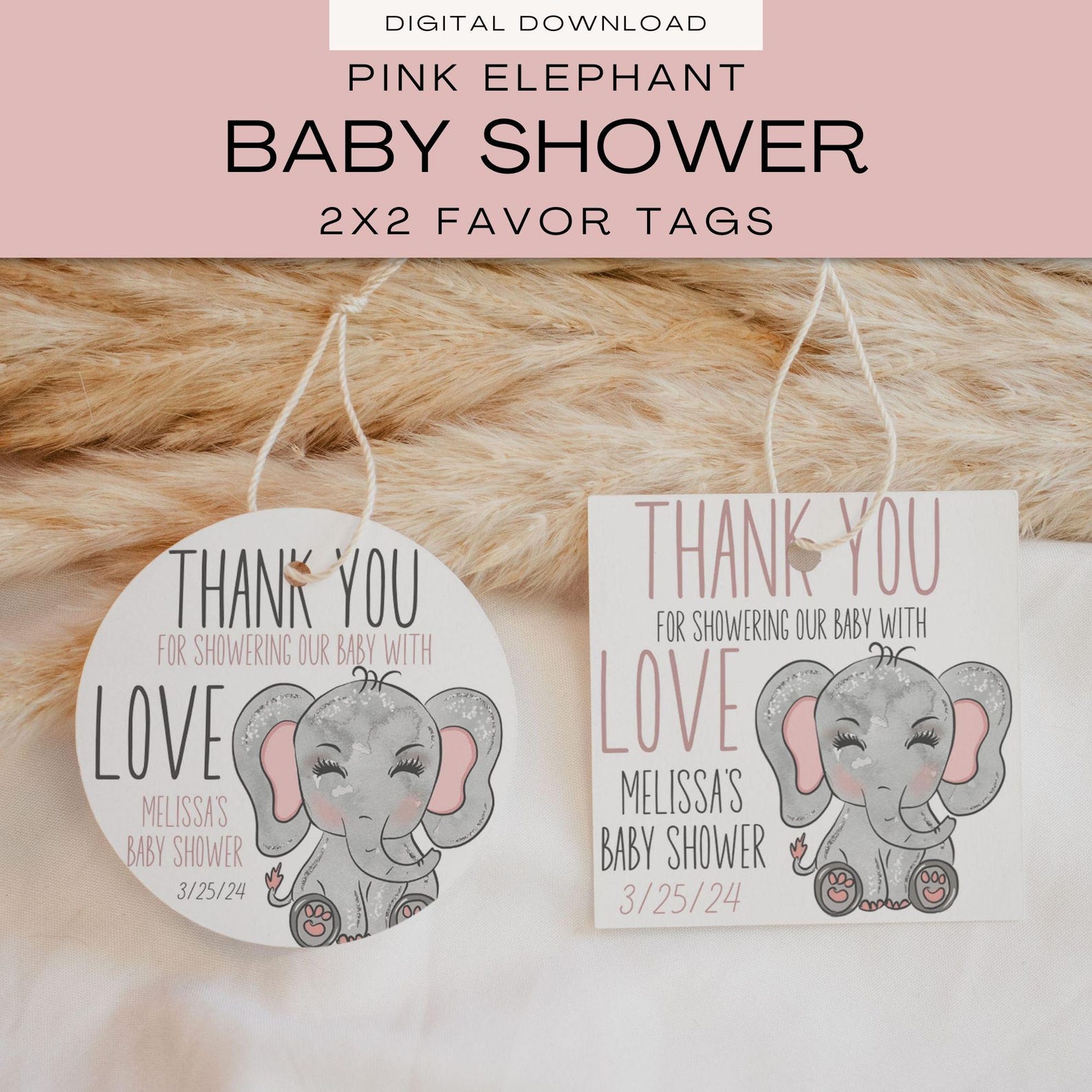 Pink Baby Elephant Baby Shower 2x2 Favor Tags, Printable Pink Baby ...