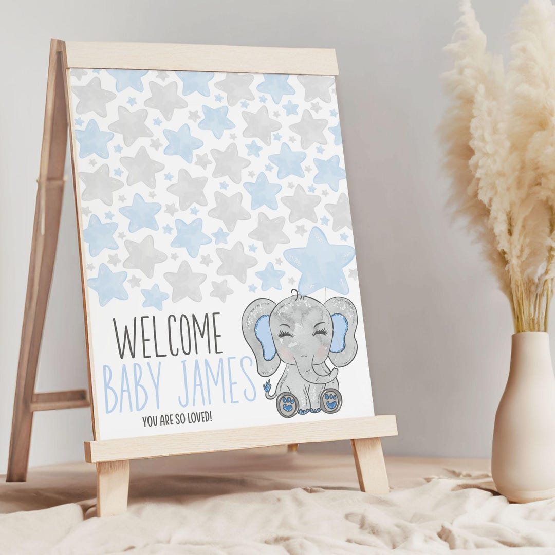 Blue Elephant Baby Shower Guest Signature, Printable Blue Baby Elephant ...
