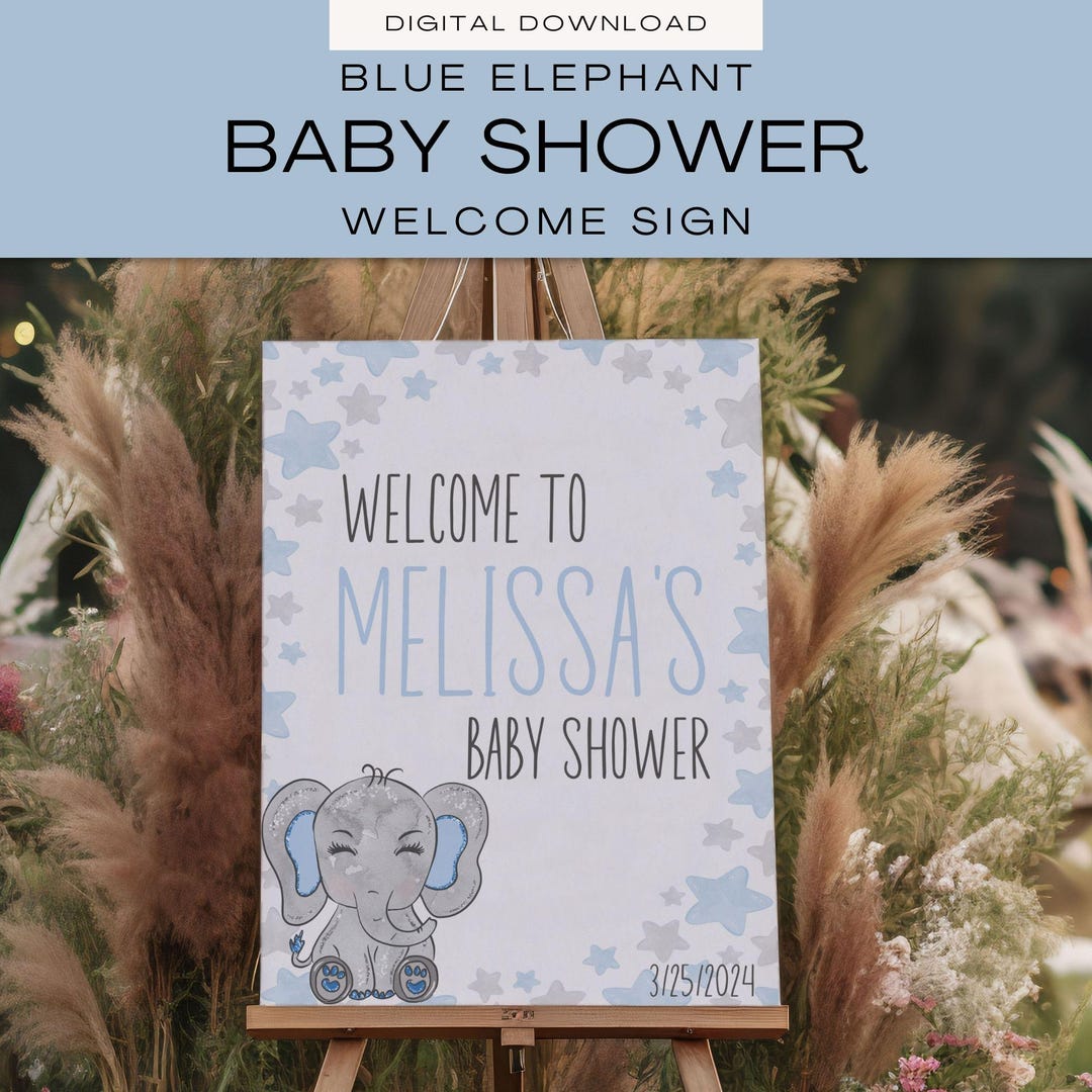 Blue Baby Elephant Baby Shower Welcome Signs, Printable Blue Baby ...