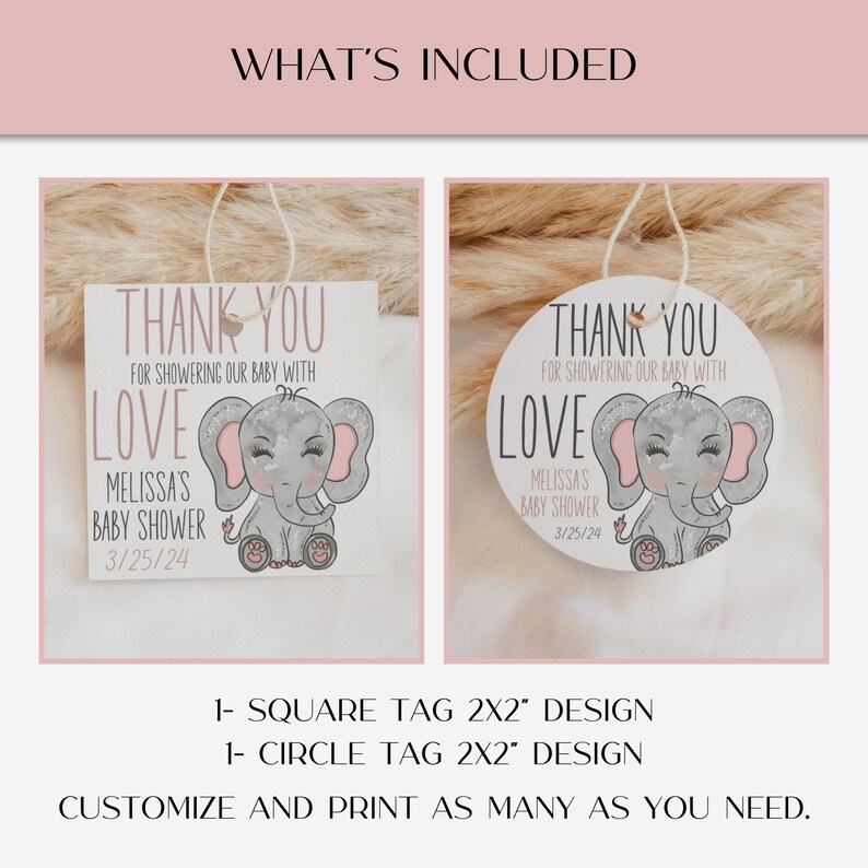 Pink Baby Elephant Baby Shower 2x2 Favor Tags, Printable Pink Baby ...