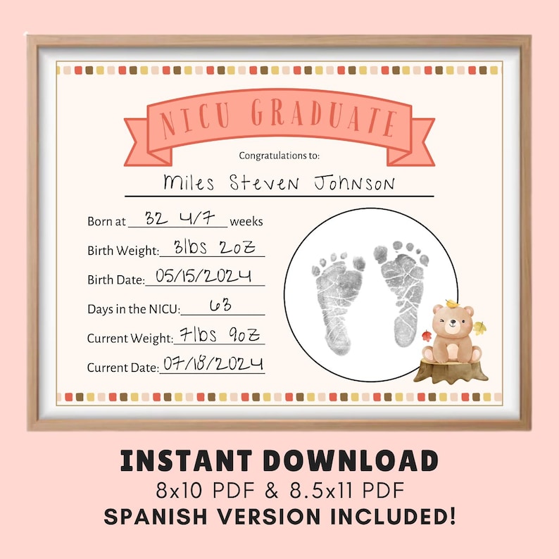 NICU Bear Graduation Diploma Certificate, SPANISH Included, NICU ...