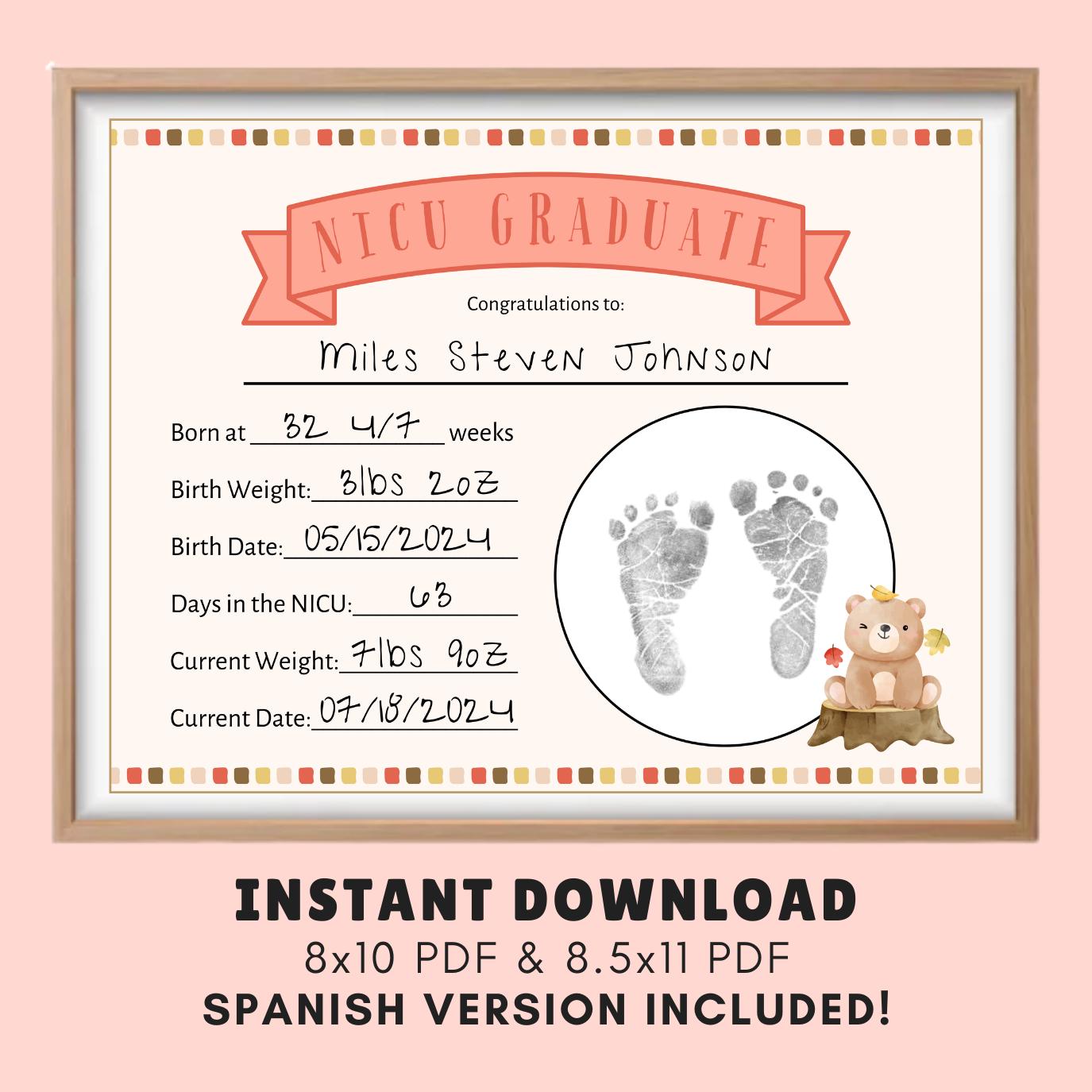NICU Bear Graduation Diploma Certificate, SPANISH Included, NICU ...