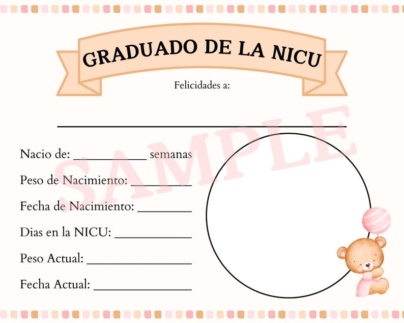 NICU Girl Teddy Bear Graduation Diploma Certificate, SPANISH Included ...