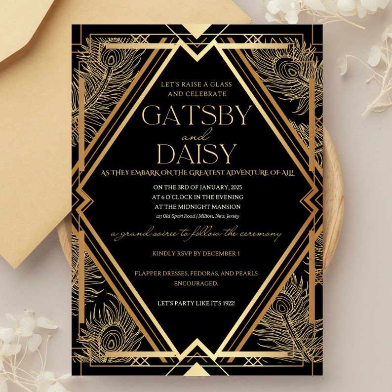 Great Gatsby Invitation Printable Black Gold Roaring 20s Invitation Art ...