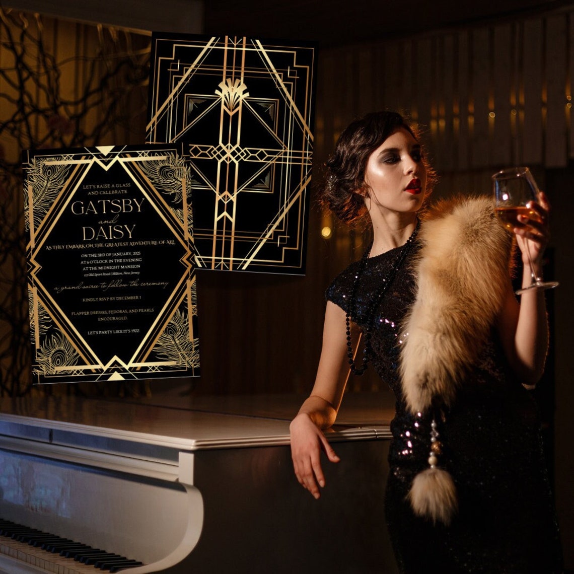 Great Gatsby Invitation Printable Black Gold Roaring 20s Invitation Art ...