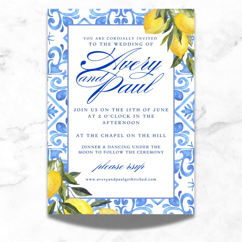 Amalfi Capri Italian Summer Wedding Invitations Blue Tile and Lemons ...