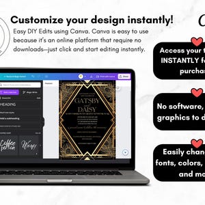 Great Gatsby Invitation Printable Black Gold Roaring 20s Invitation Art ...