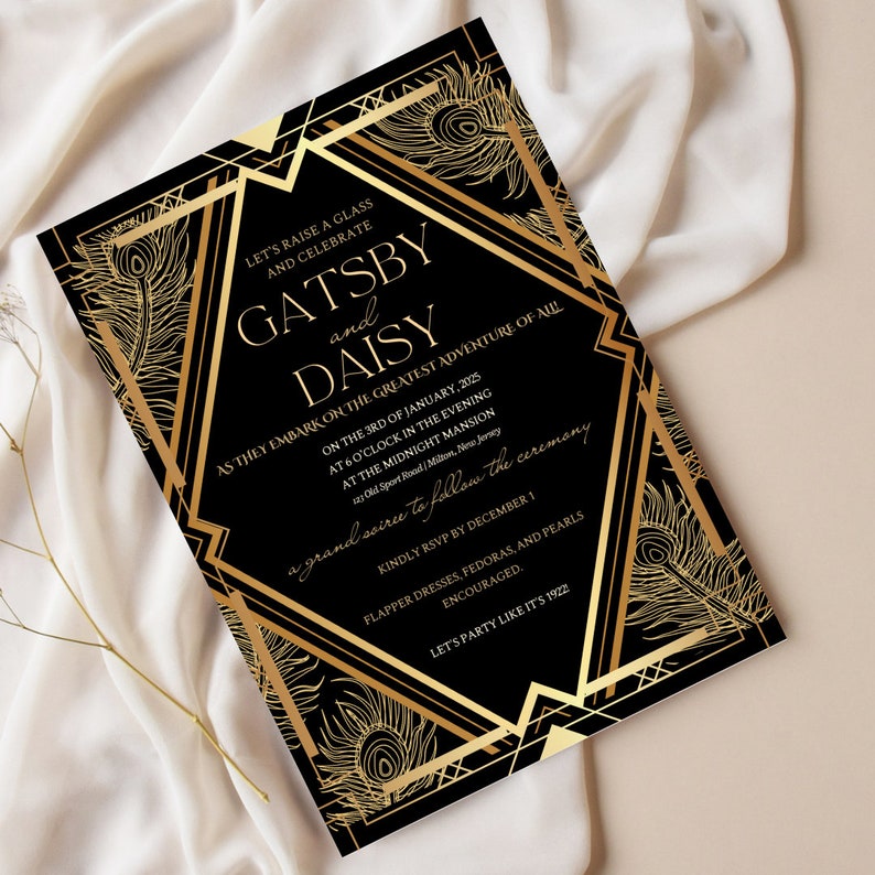 Great Gatsby Invitation Printable Black Gold Roaring 20s Invitation Art ...