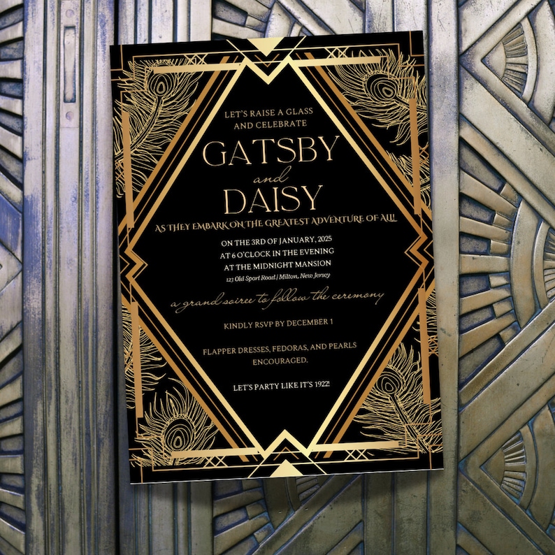 Great Gatsby Invitation Printable Black Gold Roaring 20s Invitation Art ...