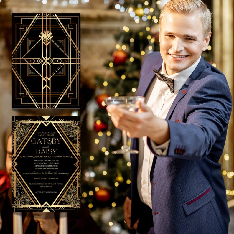 Great Gatsby Invitation Printable Black Gold Roaring 20s Invitation Art ...