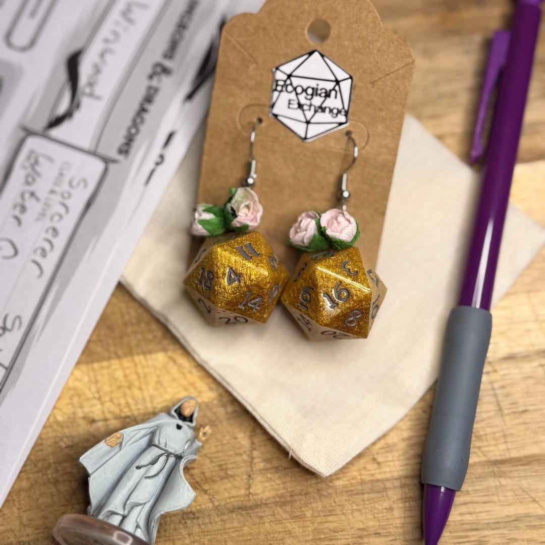 D20 Dice Earrings | Gold Glitter Dnd Jewelry, Pink Flowers - Etsy