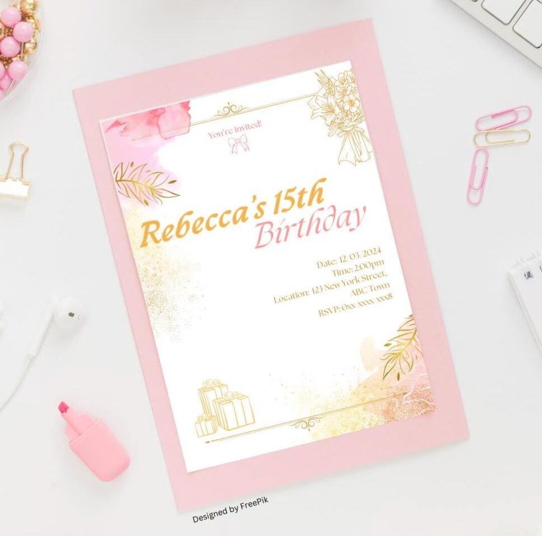 Editable Pink & Gold Birthday Invitation Template 5x7 Printable Party ...