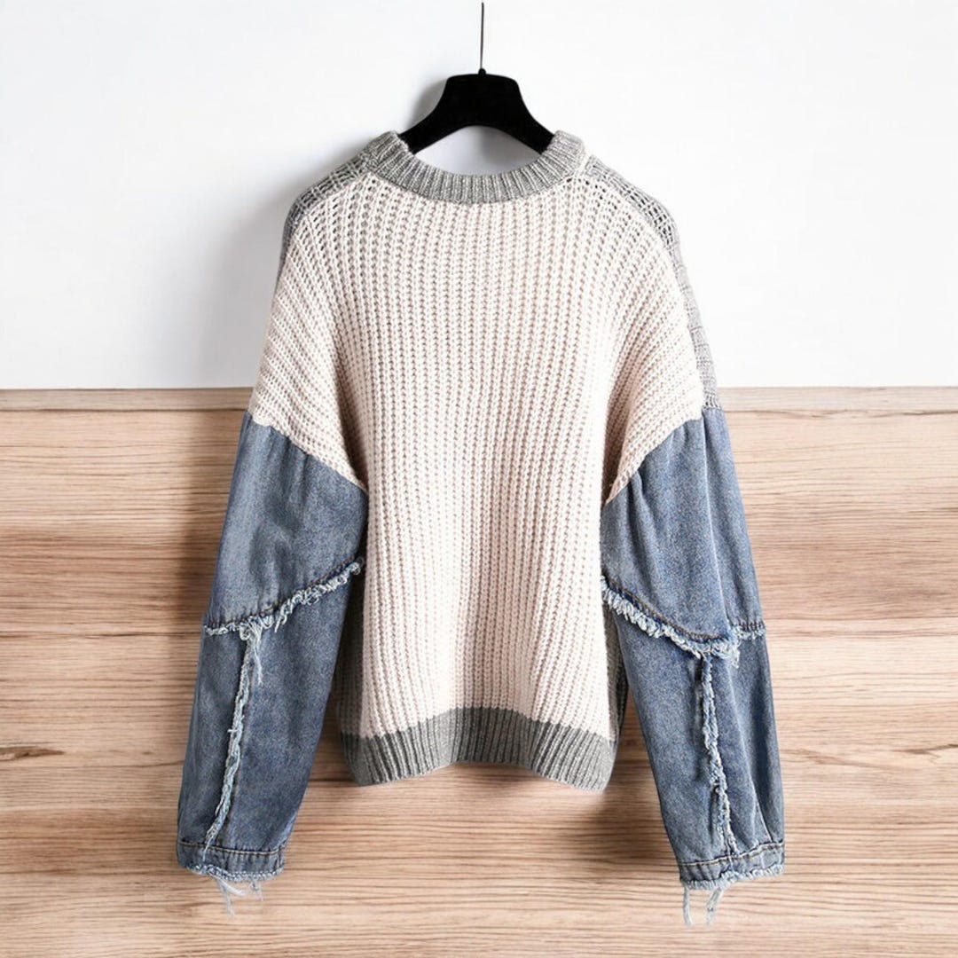 1 luxury Women Denim Stitch Long Sleeve Sweater Patchwork Jeans Pullovers Fall Spring Knitwear ...