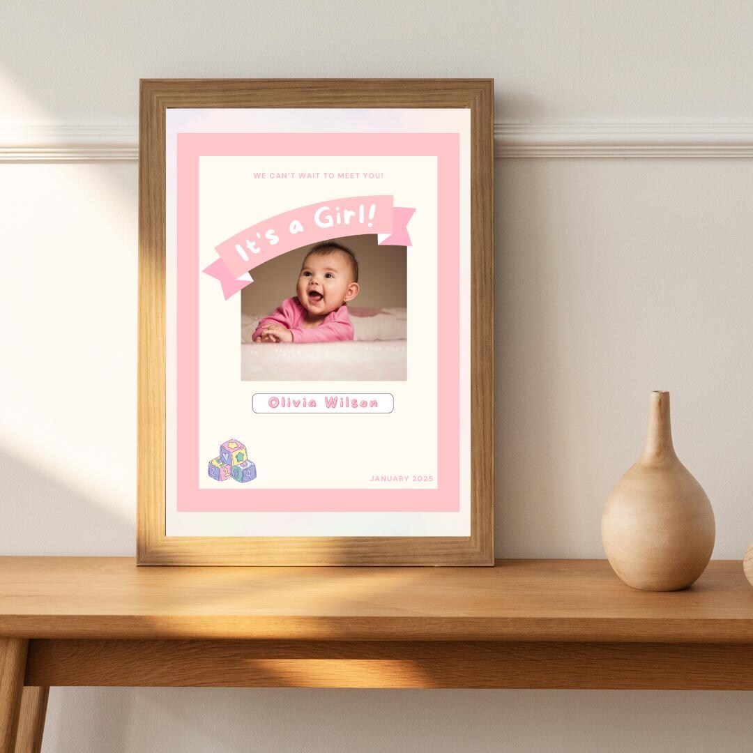 Baby Girl Announcement | Printable & Editable Design Template | Pink ...