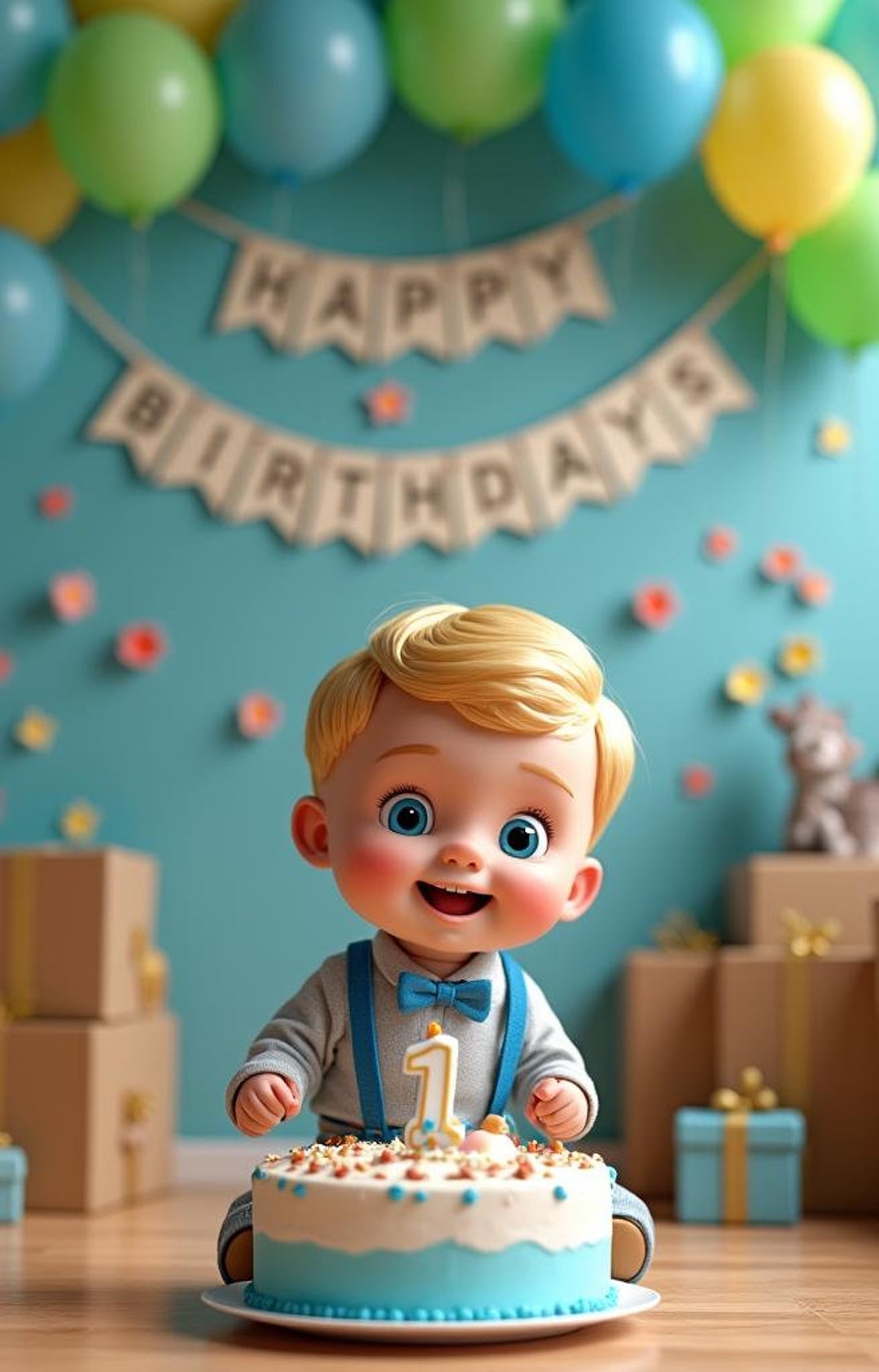 1st Birthday Card for Boy, Cute One-year-old Birthday, Baby Boy First ...