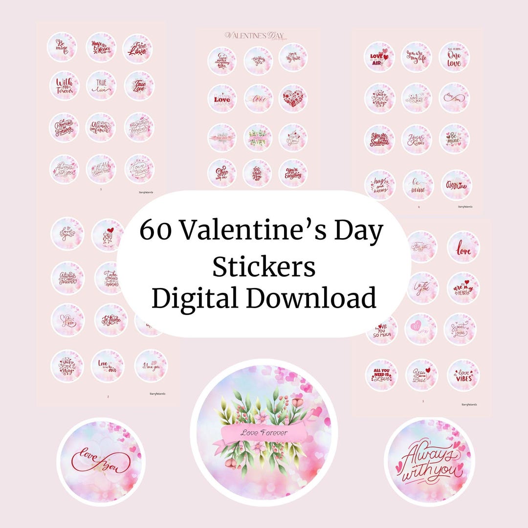 60 Valentine's Day Stickers, Printable PDF & PNG for Planners or ...