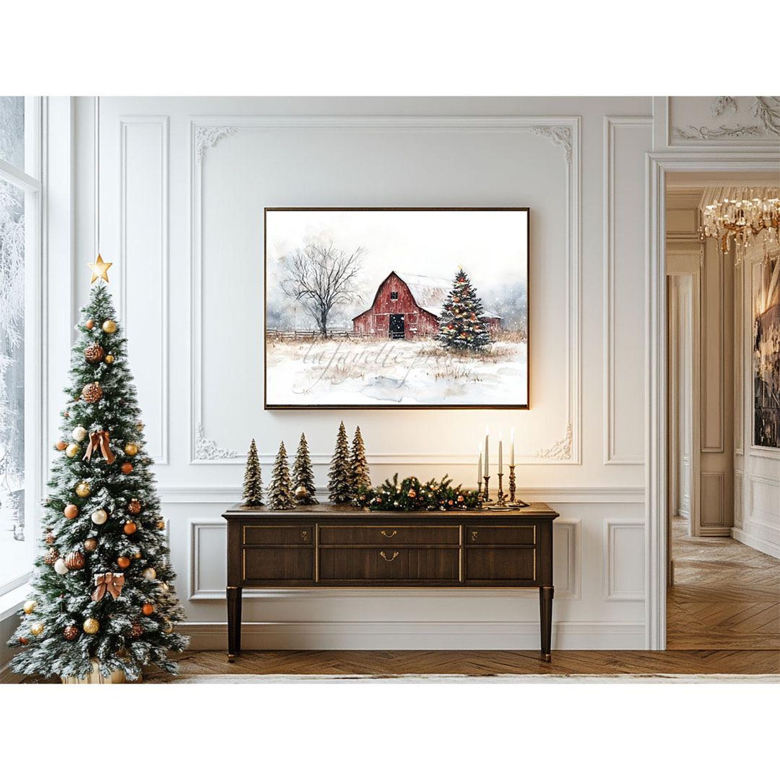 Vintage Winter Barn Print | Red Christmas Barn Painting | Rustic ...