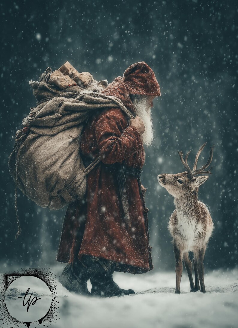 Classic Santa and Deer Winter Scene | Vintage Christmas Wall Art ...