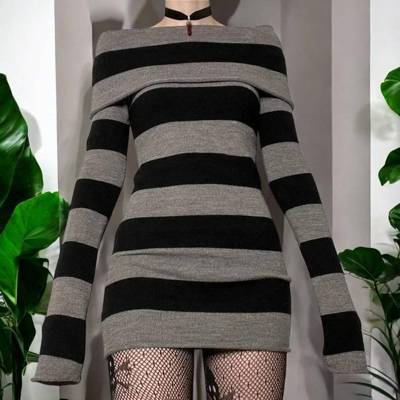 Gothic Mini Striped Dress Stripe Punk Style Long Sleeve Short Dresses ...