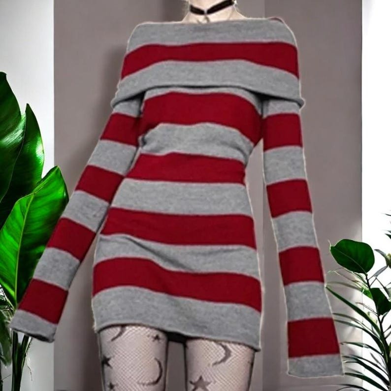 Gothic Mini Striped Dress Stripe Punk Style Long Sleeve Short Dresses ...