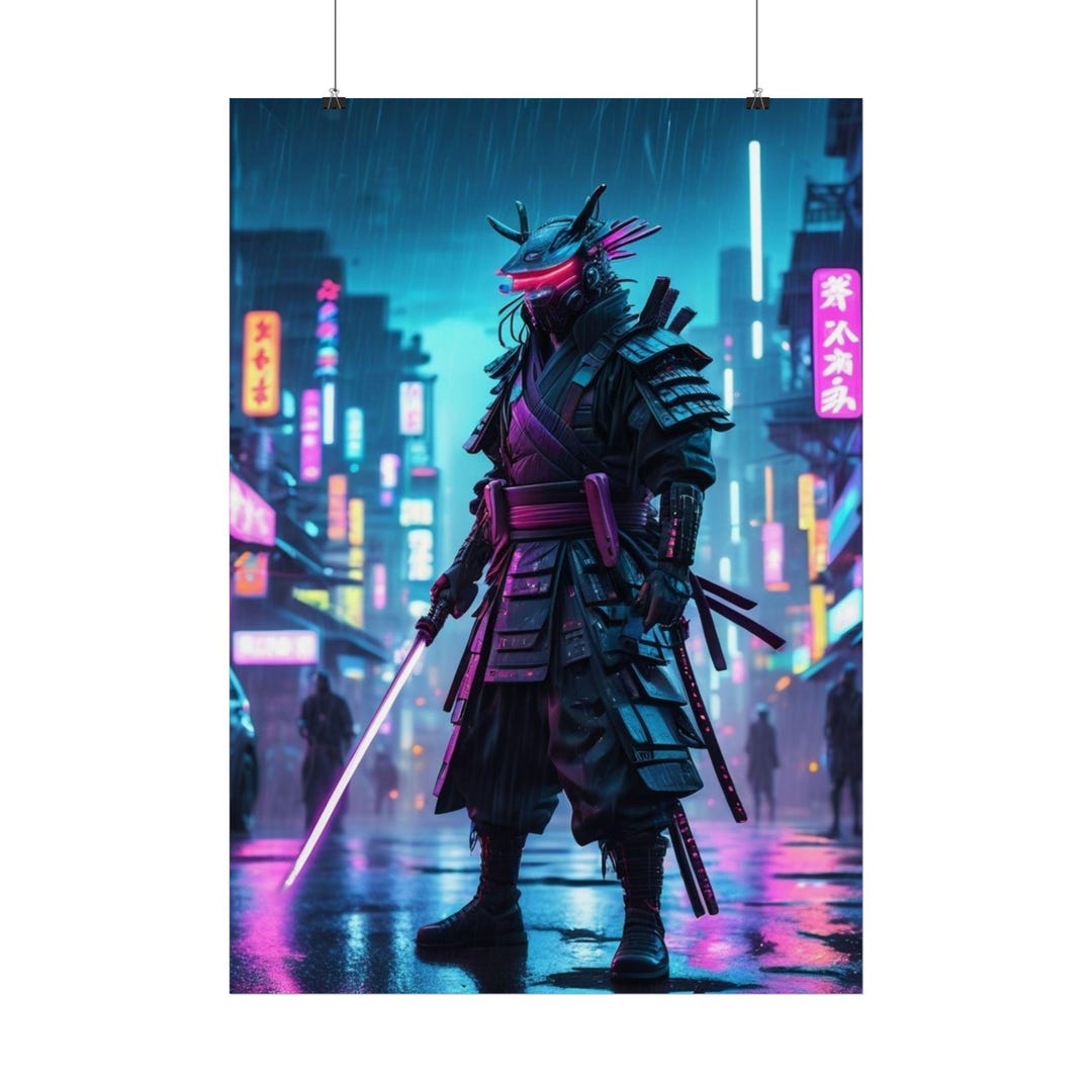 Neon Cyberpunk Samurai Posters, Dystopian Cityscape Art Print, Home ...