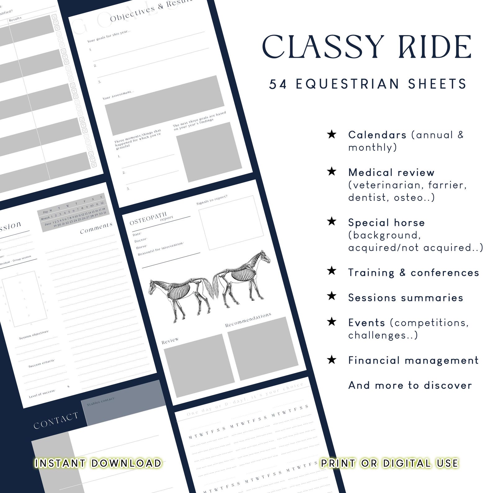 Classy Ride - Printable and Digital Equestrian Sheets, Digital Planner ...