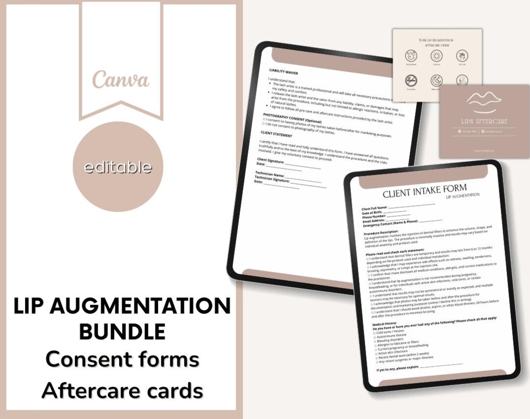 Lip Filler Consent Form and Aftercare Card | Editable Lip Augmentation ...