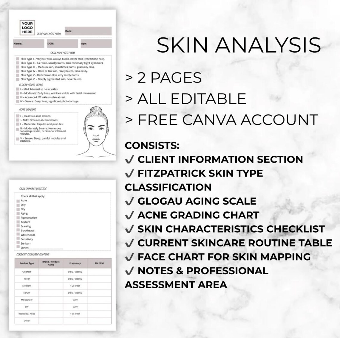 Editable Skin Analysis Form With Face Chart (canva Template) - Etsy