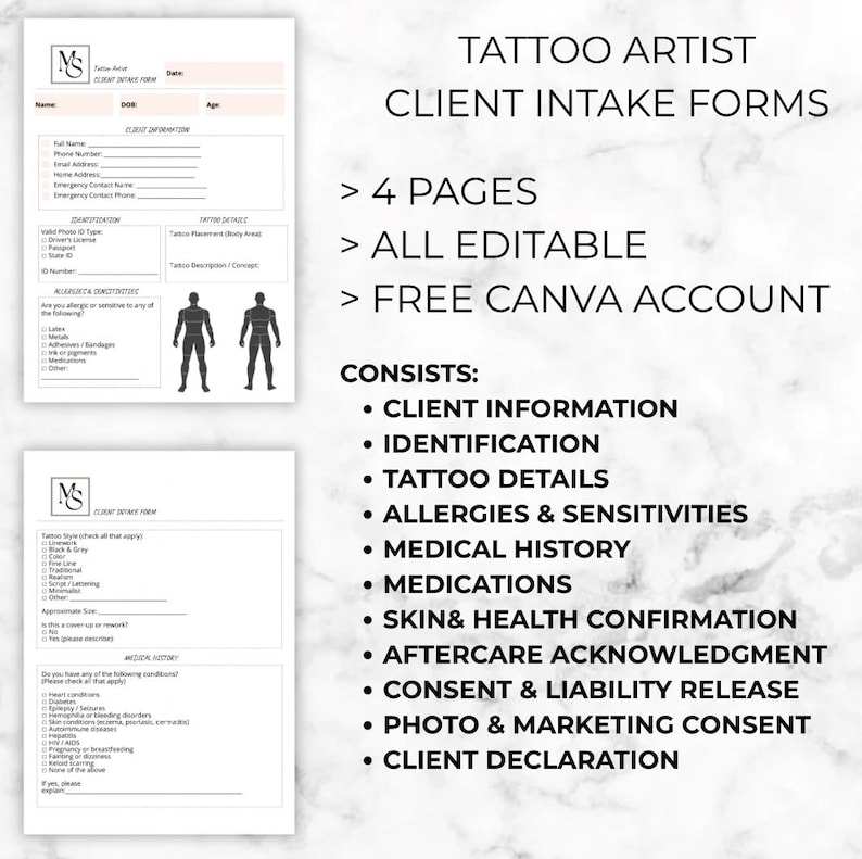 Tattoo Artist Client Intake Forms | Editable Tattoo Consent and Medical ...