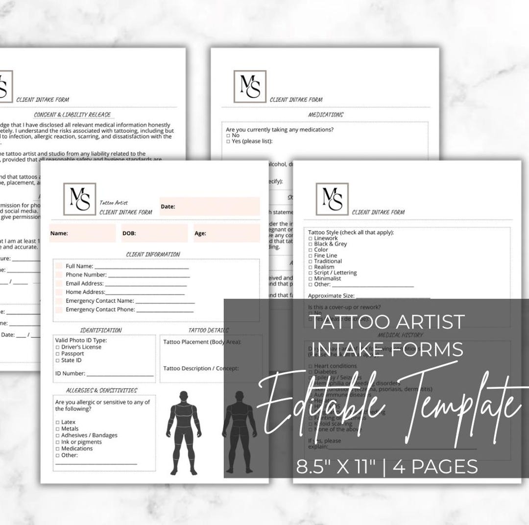 Tattoo Artist Client Intake Forms | Editable Tattoo Consent and Medical ...