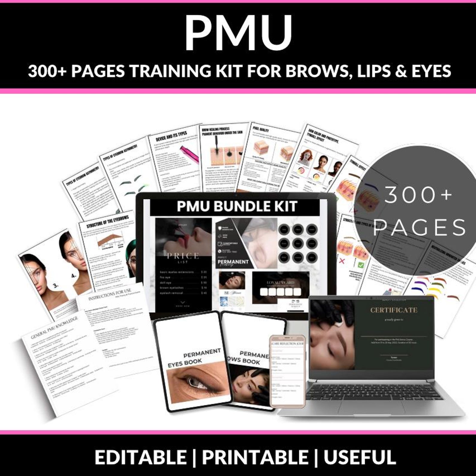 PMU Training Bundle for Brows, Lips and Eyes | 300+ Pages Editable Kit ...