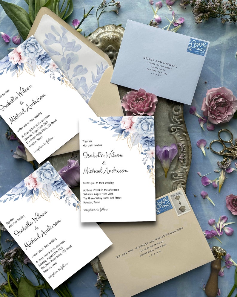 Floral Blue Wedding Invitation Editale Template, Canva Digital ...
