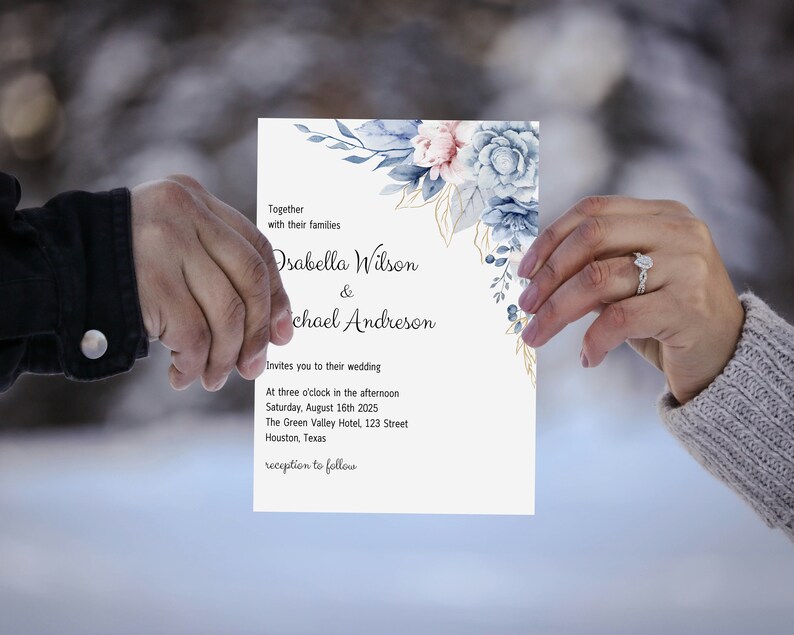 Floral Blue Wedding Invitation Editale Template, Canva Digital ...