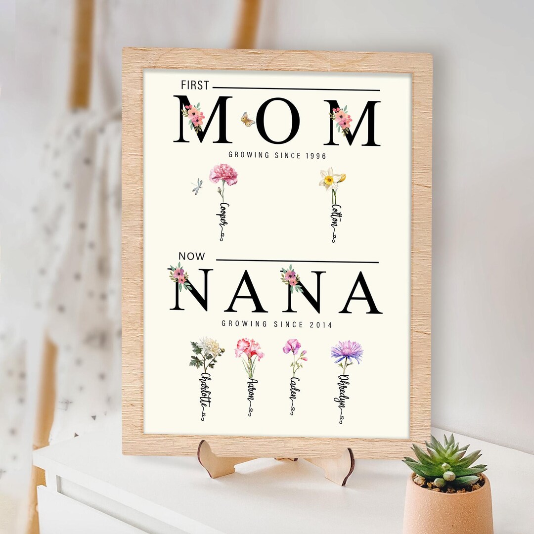 First Mom Now Grandma Sign, Personalized Birth Flower Gift, Custom ...
