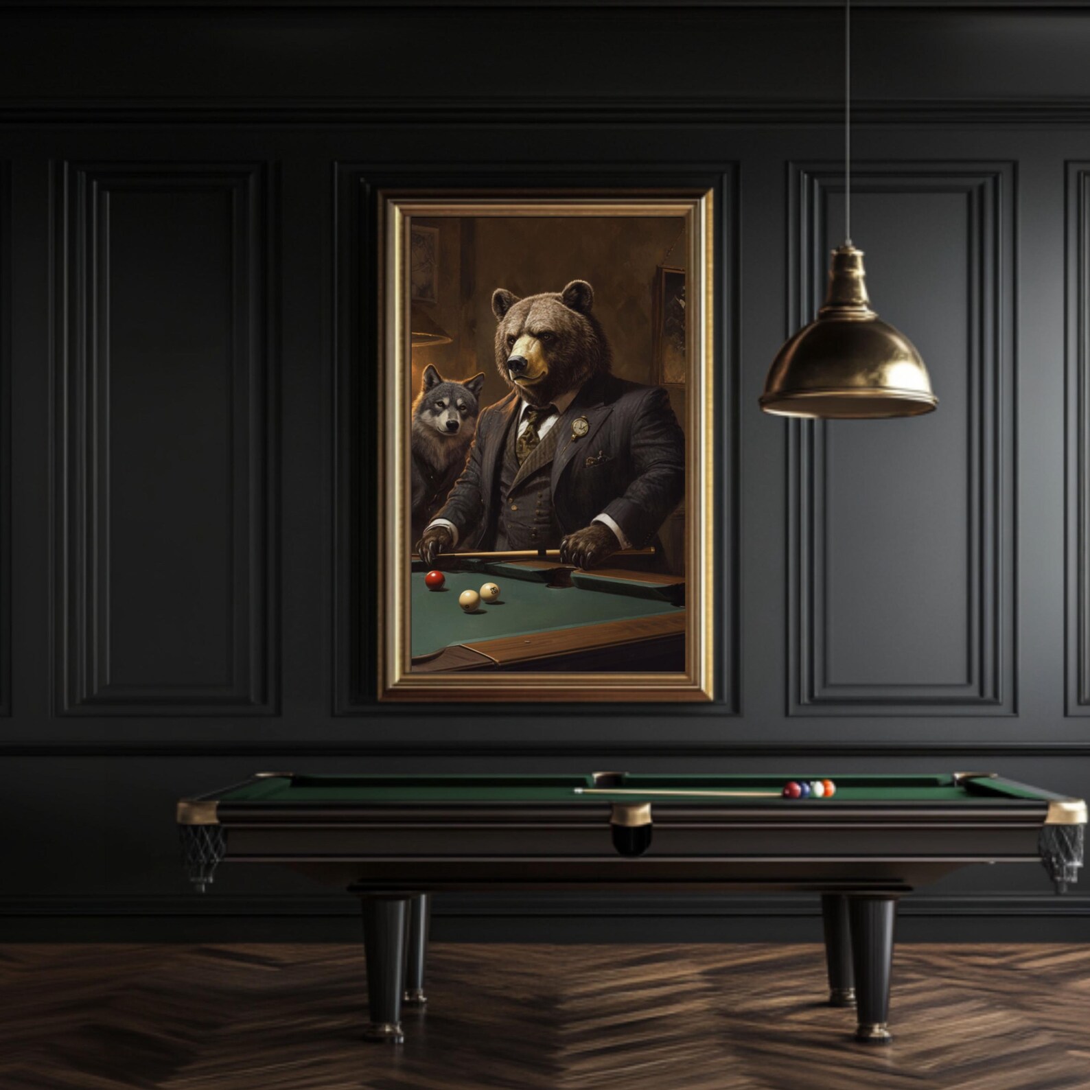 Bear and Wolf Billiards Scene Wall Art - Vintage Animal Pool Room Decor for Game Rooms and ...