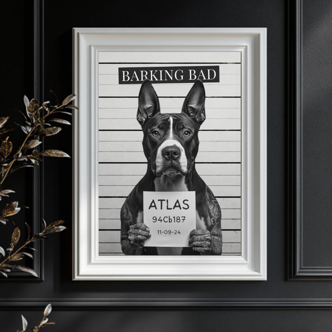 Barking Bad Dog Mugshot Poster - Funny Tattooed Dog Wall Art for Dog ...