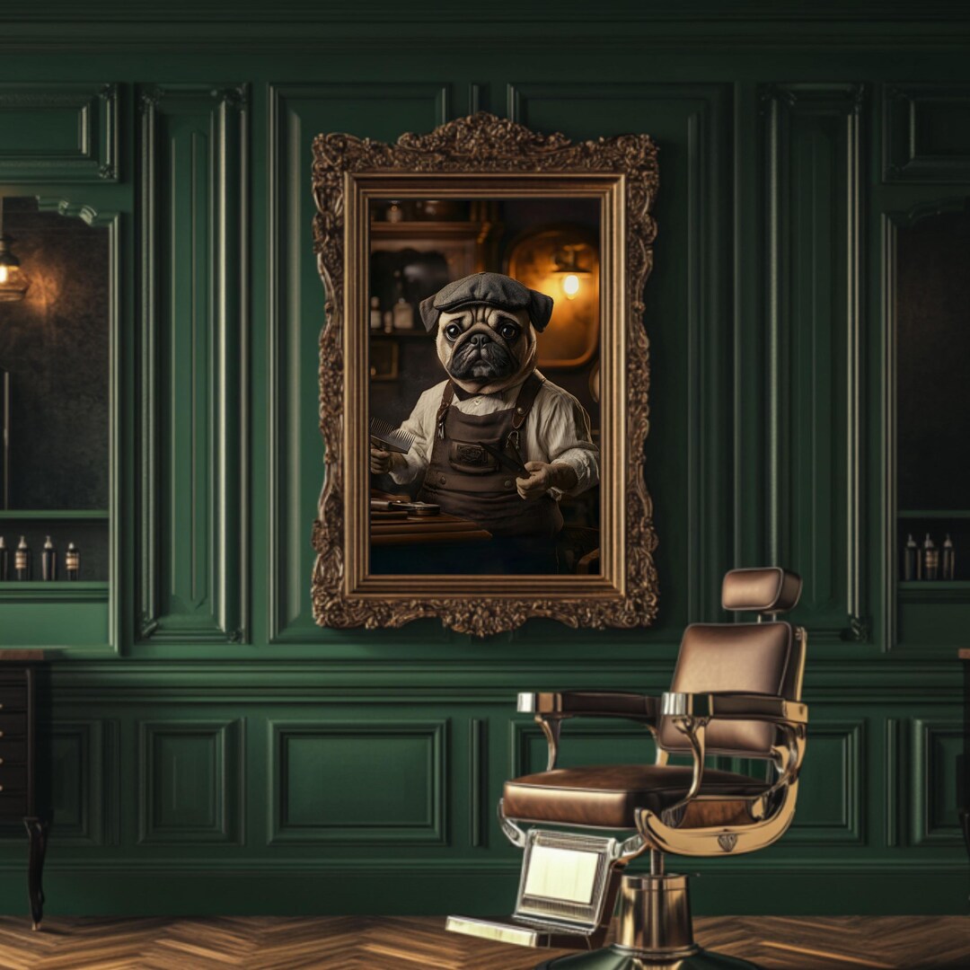 Vintage Barbershop Pug Poster - Dog Wall Art for Barber & Tattoo ...