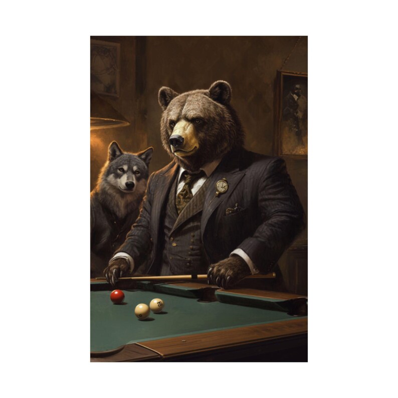 Bear and Wolf Billiards Scene Wall Art - Vintage Animal Pool Room Decor ...