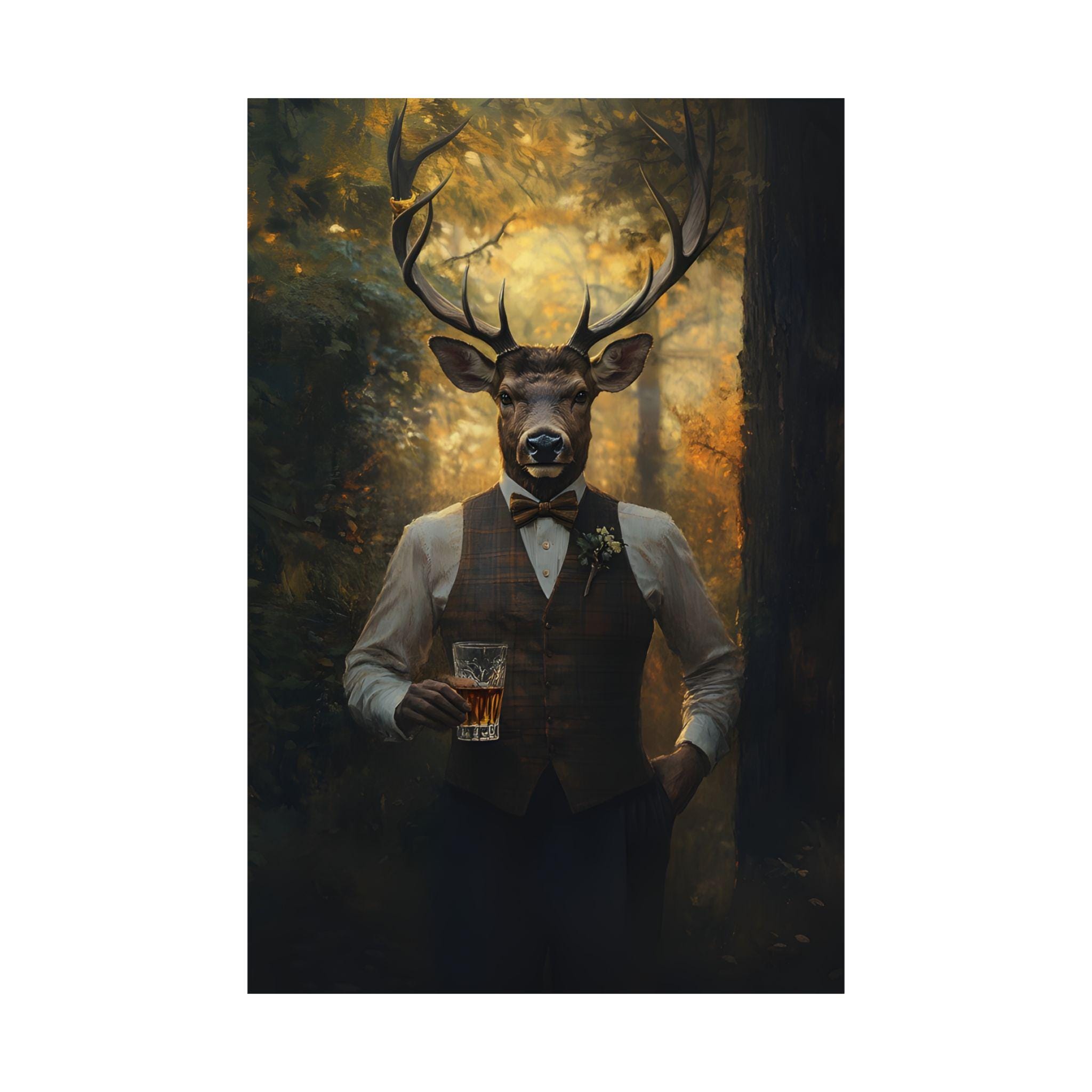 Dapper Deer Whiskey Wall Art - Stylish Stag in Vest Holding Drink ...