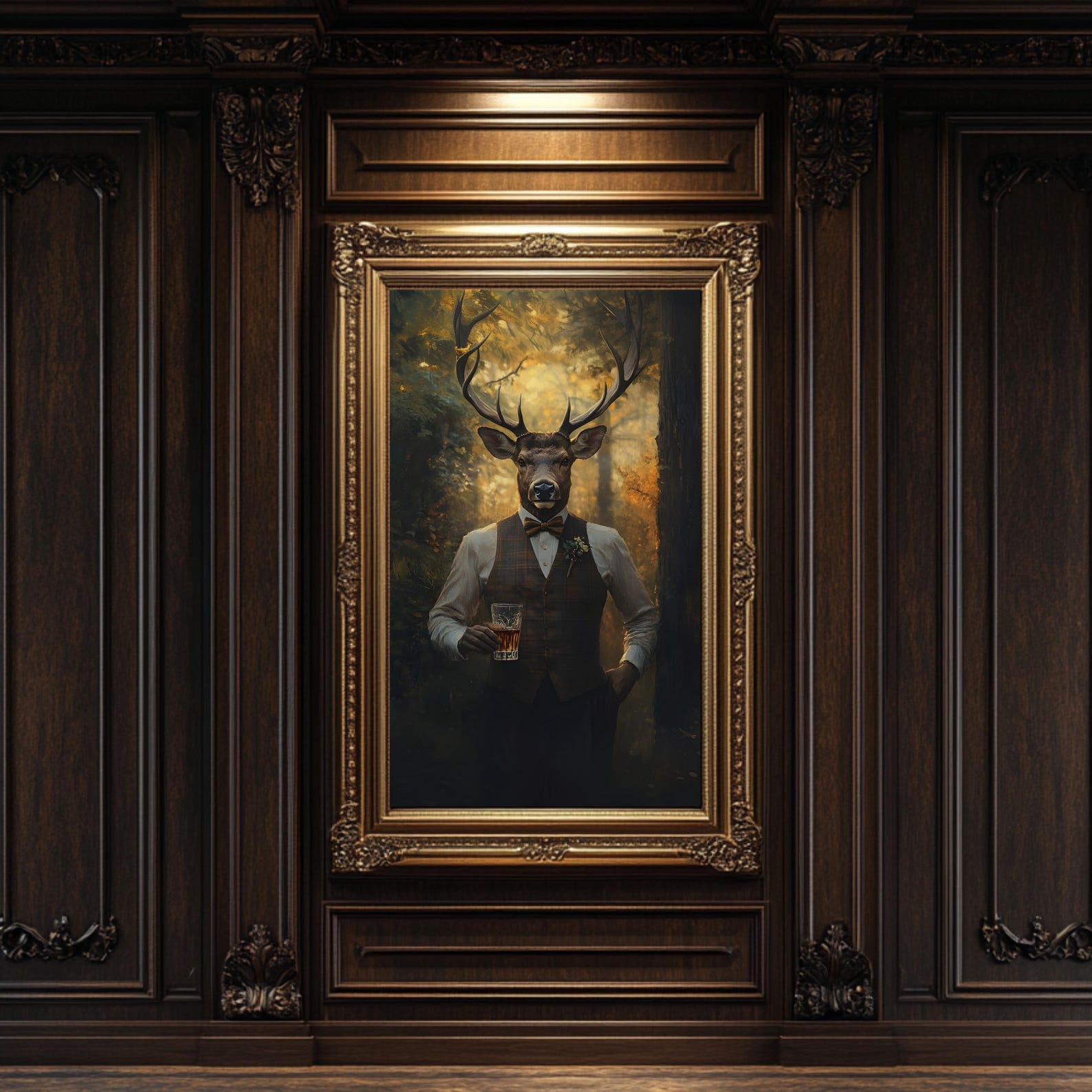 Dapper Deer Whiskey Wall Art - Stylish Stag in Vest Holding Drink ...